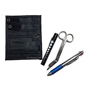 EMI Nurse Black Pocket Organizer 4 Piece KIT - Pocket Organizer, Lister Bandage Scissor, LED Pupil Gauge Penlight, and Chart Pen