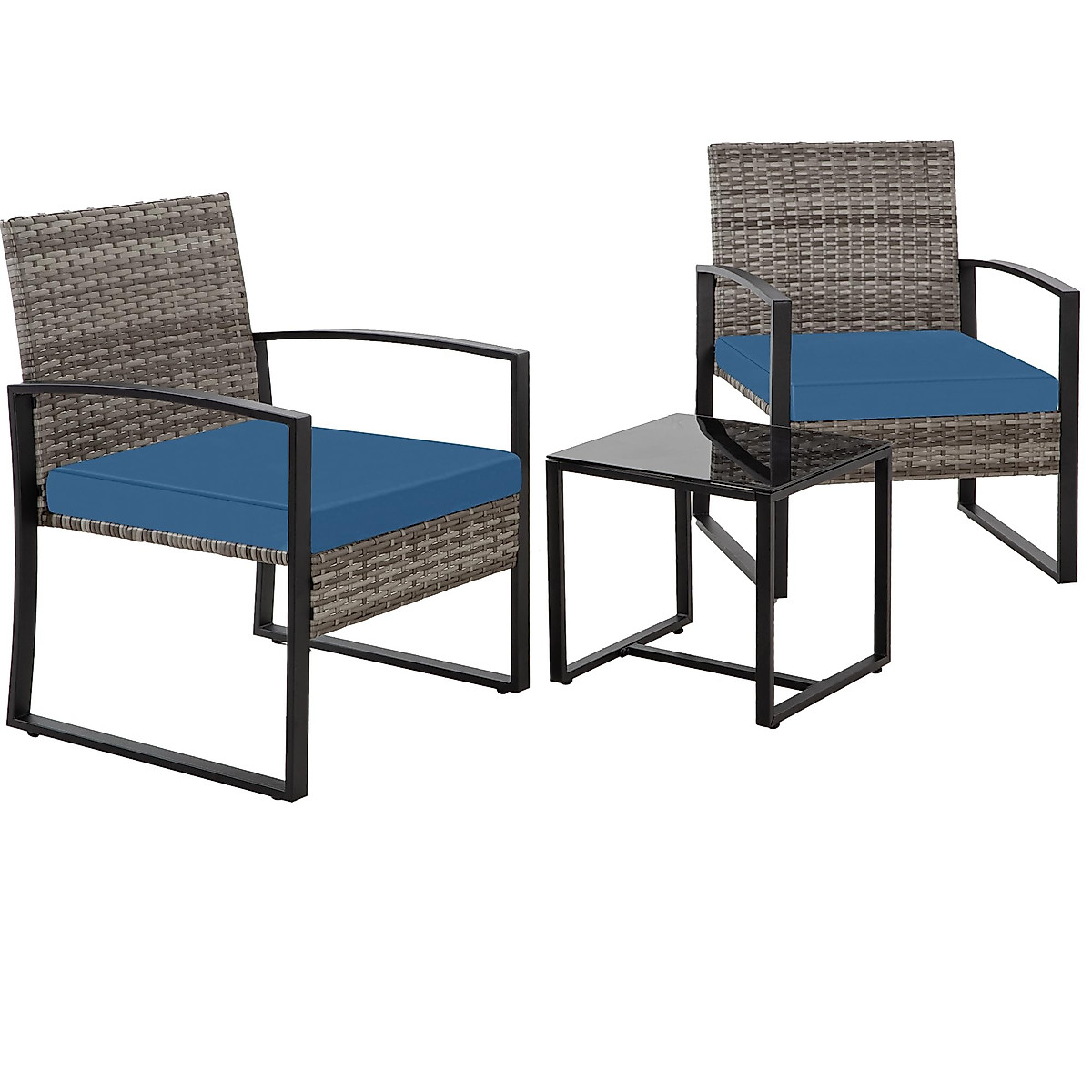 Seogwisam 3 Pieces Patio Furniture Set, Outdoor Wicker Conversation Bistro Set w/ 2 Chairs, 2 Cushions, Glass Coffee Table for Garden Balcony Backyard Porch Lawn - Grey Wicker & Blue Cushions