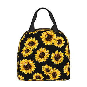PrelerDIY Black Sunflower Lunch Box Insulated Meal Bag Lunch Bag Reusable Snack Bag Food Container For Boys Girls Men Women School Work Travel Picnic