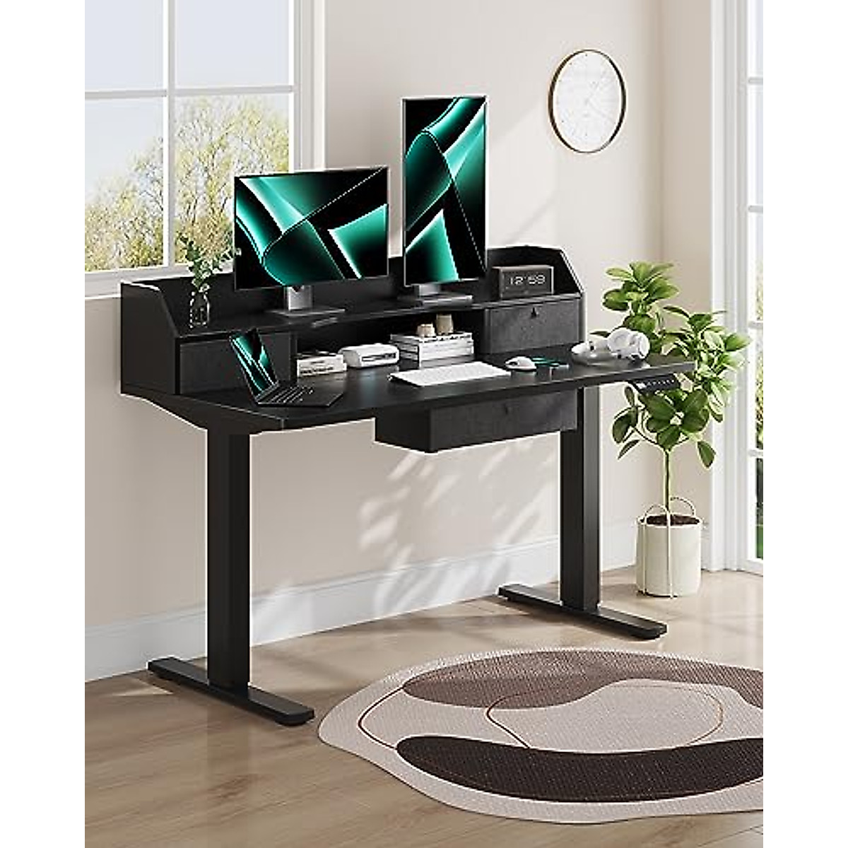Shahoo Electric Double Layers Standing Desk with 3 Drawers, 48 x 24 Inches Height Adjustable Conner Table, Computer Workstation with Large Storage Shelves for Home Office, 48 Inch, Black