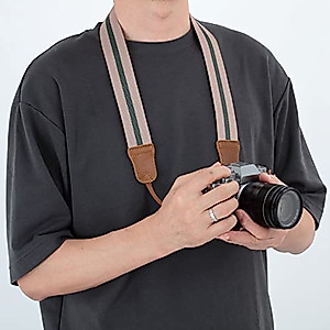 Beige Pink Stripe Camera Strap -Double Layer top-grain Cowhide Ends,1.5"Wide Pure Cotton Woven Camera Strap,Adjustable Universal Neck & Shoulder Strap for All DSLR Cameras,Great Gift for Photographers