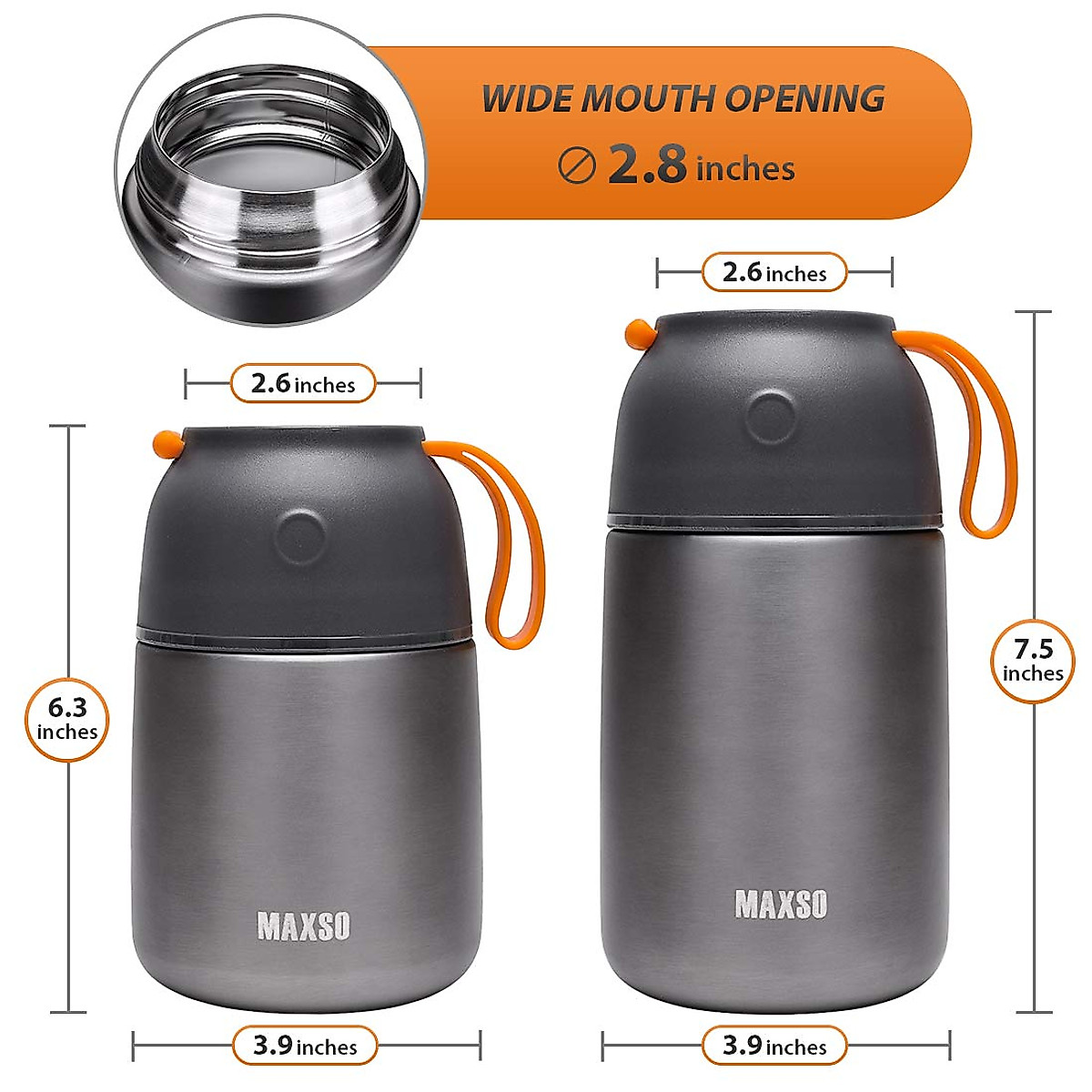 MAXSO 2 Pack Vacuum Insulated Food Jar Hot Food Containers for Lunch School Soup Thermos For Kids,Travel Food Flask Hot Cold (24oz,17oz) (Grey)