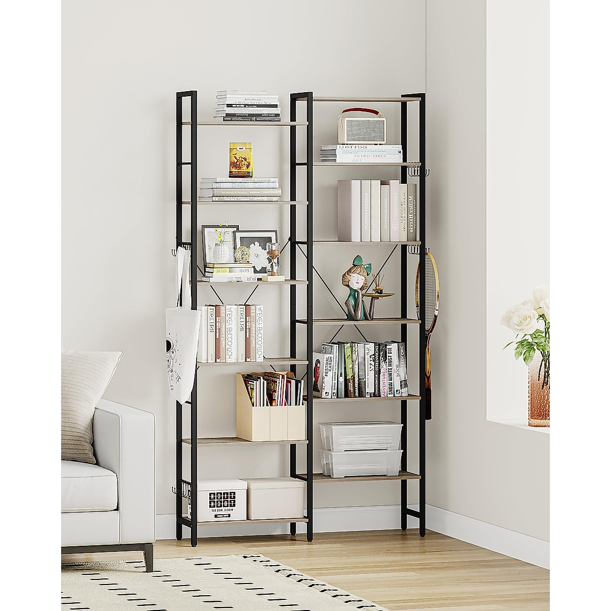 Hzuaneri Corner Bookshelf Bookcase, L-Shaped Industrial Bookshelves, Modern Tall Bookcases, Freestanding Display Shelf Storage Rack for Bedroom, Living Room, Home Office, 6-Tier Greige BC29605B