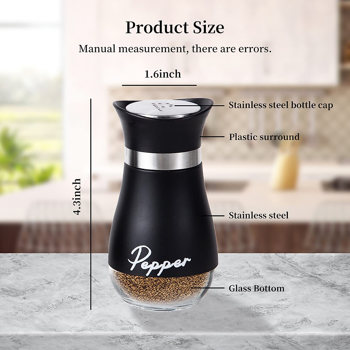 2 Pack Salt & Pepper Shakers Set, Refillable Salt Pepper with Stainless Steel Lid Container Spice Shakers Bottle for Home Kitchen, Restaurant, Picnic (Black)