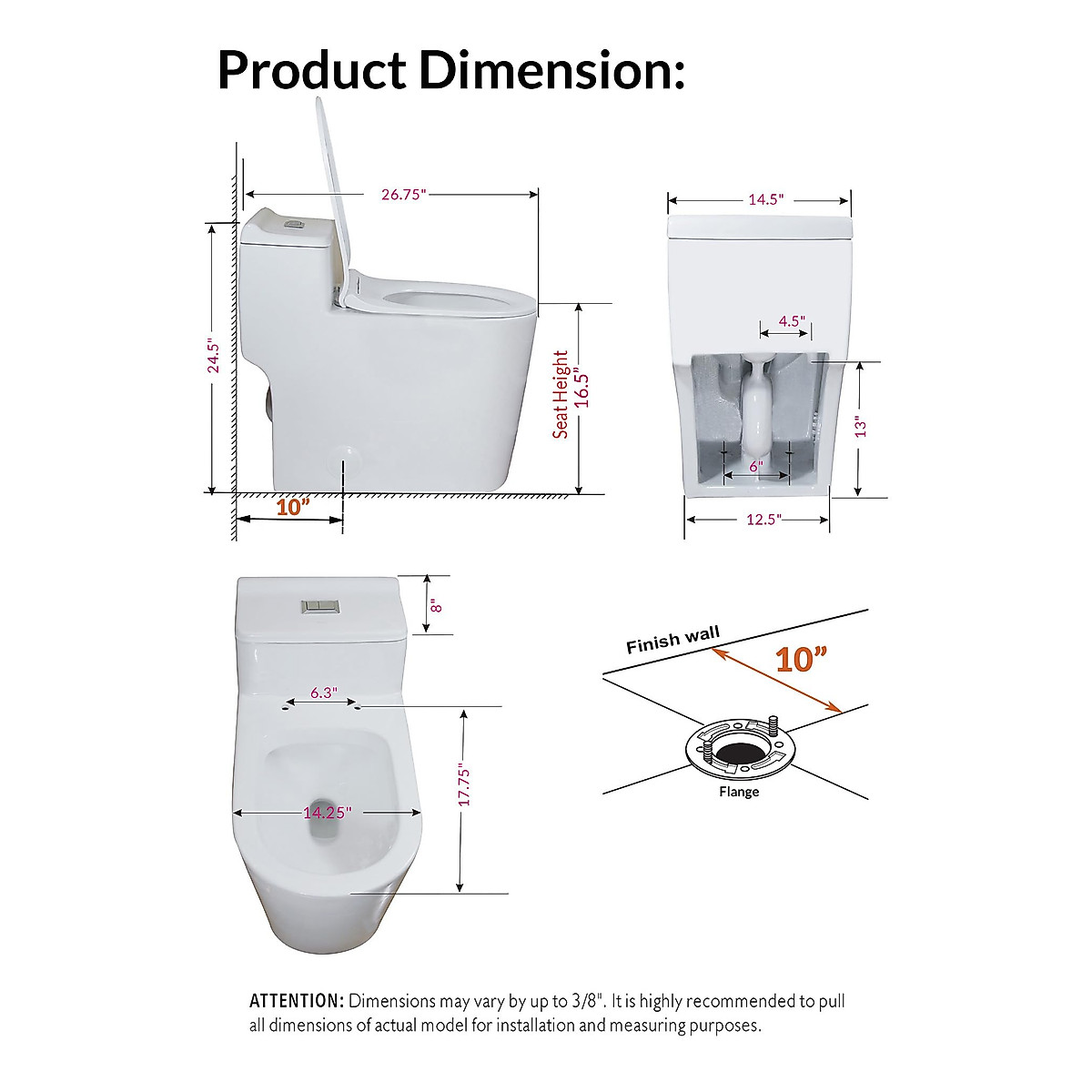 WinZo WZ5080S Dual Flush One Piece Toilet With 10" Rough-in Elongated Comfortable Height, White