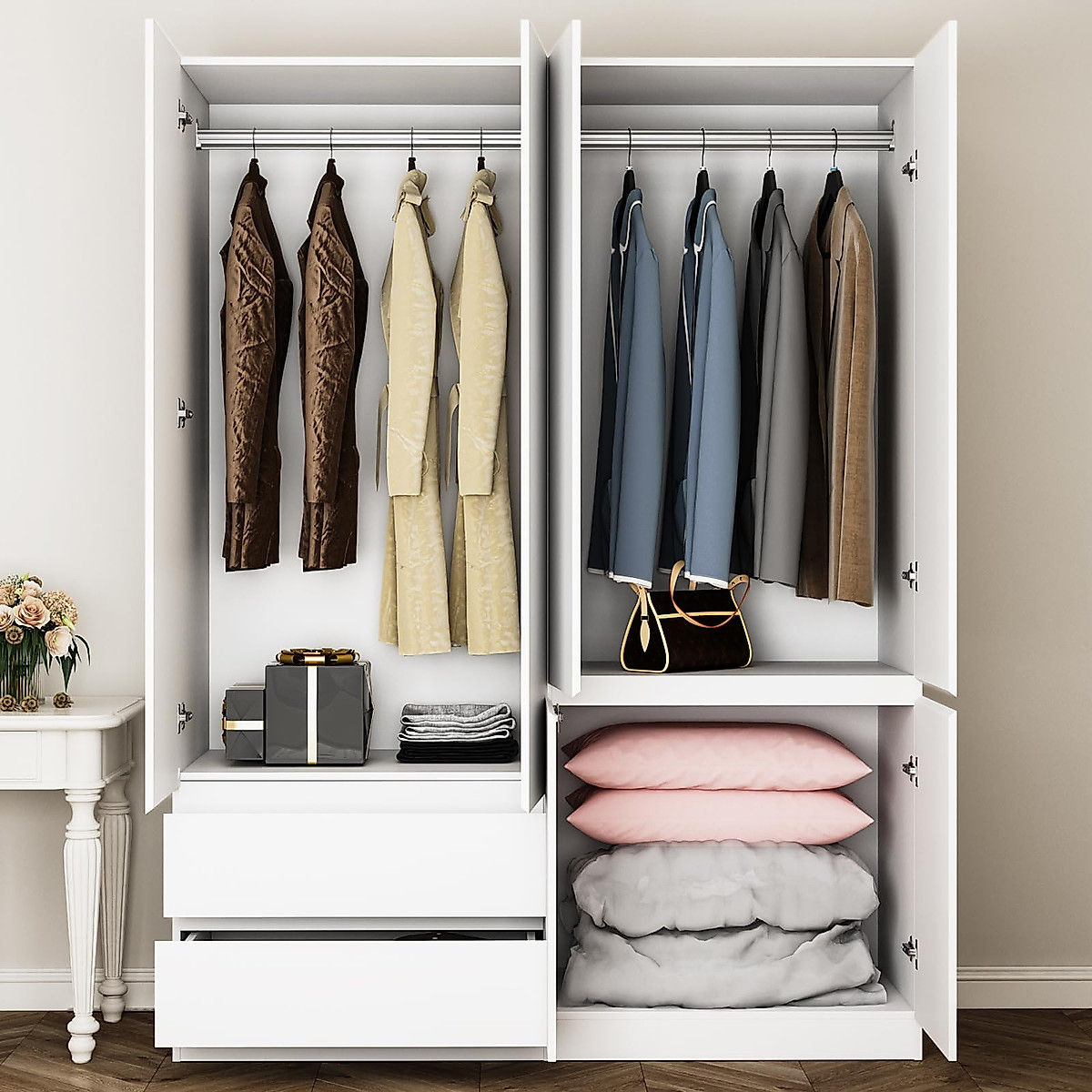 Jiaoun 78.74" 4-Door Armoire Wardrobe Closet, with Drawers and Shelves,Armoires and Wardrobes with Hanging Rod, Wooden Wardrobe Closet（White） 63" L x 20.39" W x 78.74" H
