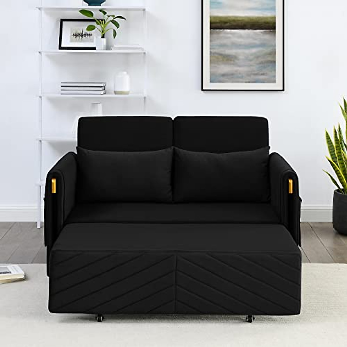 CALABASH Sofa Bed,Pull Out Couch Bed Sleeper Sofa,54" Modern Convertible Velvet Loveseat with 2 Pillows and Side Pockets, Small Love seat Sofa Bed w/Headboard for Living Room, Apartment (Black)