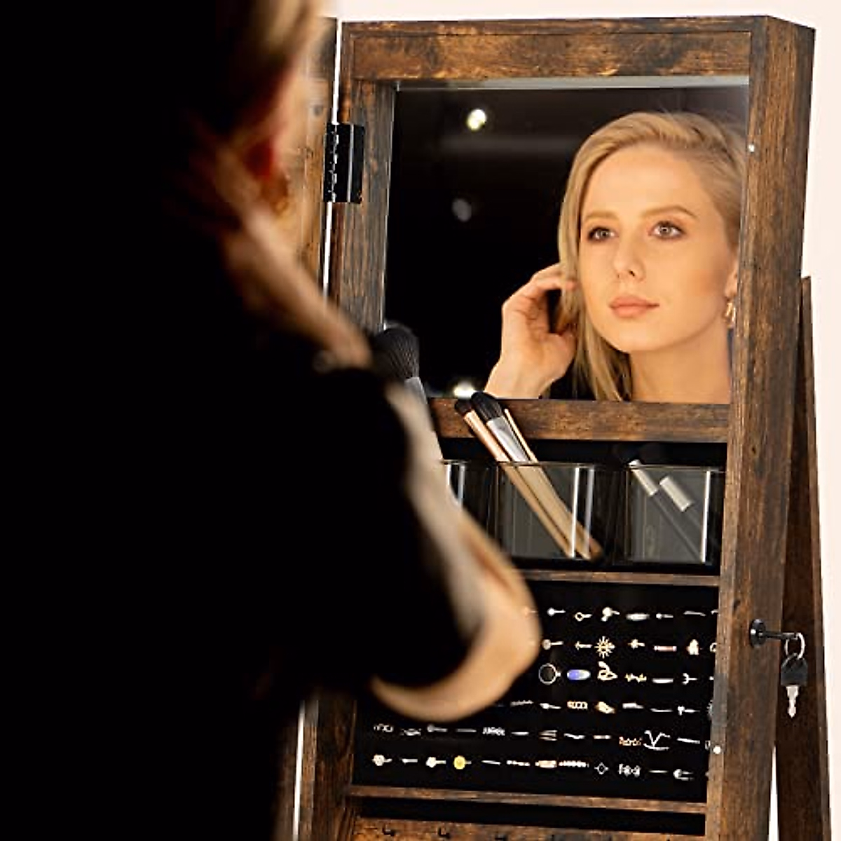 SERWALL 360 Rotating Jewelry Stand Organizer - Jewelry Armoire with Full-Length Mirror- Freestanding Dressing Mirror Jewelry Cabinet Storage - RUSTIC BROWN