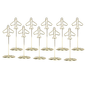 Cyrank 10pcs Table Number Holders, 3.9in Gold Place Card Holders Centerpieces Photo Holder Clips Wire Picture Clips Airplane Design Memo Note Photo Stand