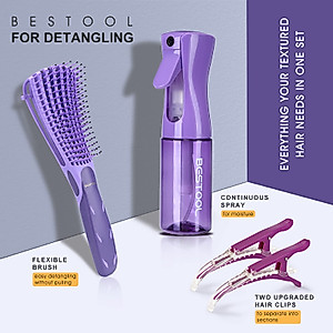 Hair Brush, BESTOOL Detangling Hair Brush for Curly Hair No-pain Hairbrush Set Includes 1 Detangler Brush,1 Spray Bottle and 2 Hair Clips Best for Natural Curls 3/4abc Hair type (Purple)