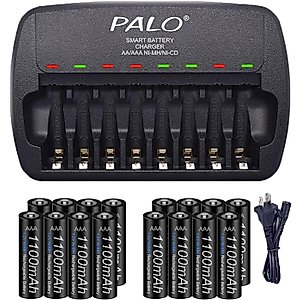 16 Pack Rechargeable AAA Batteries with Charger Kit, 1.2V Ni-MH Triple A Low Self-Discharge Batteries with 8 Bay Independent Slot Fast Charging Charger for 1.2V AA/AAA Battery