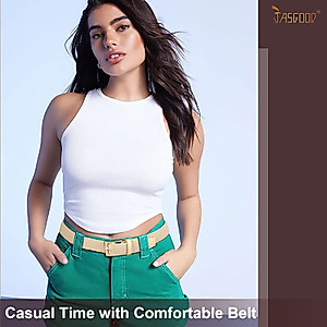 JASGOOD Women Braided Woven Elastic Stretch Belt Men Web Casual Belt for Pants Jeans(Beige,Gold Buckle,Fit Pant Size 26-31inch)