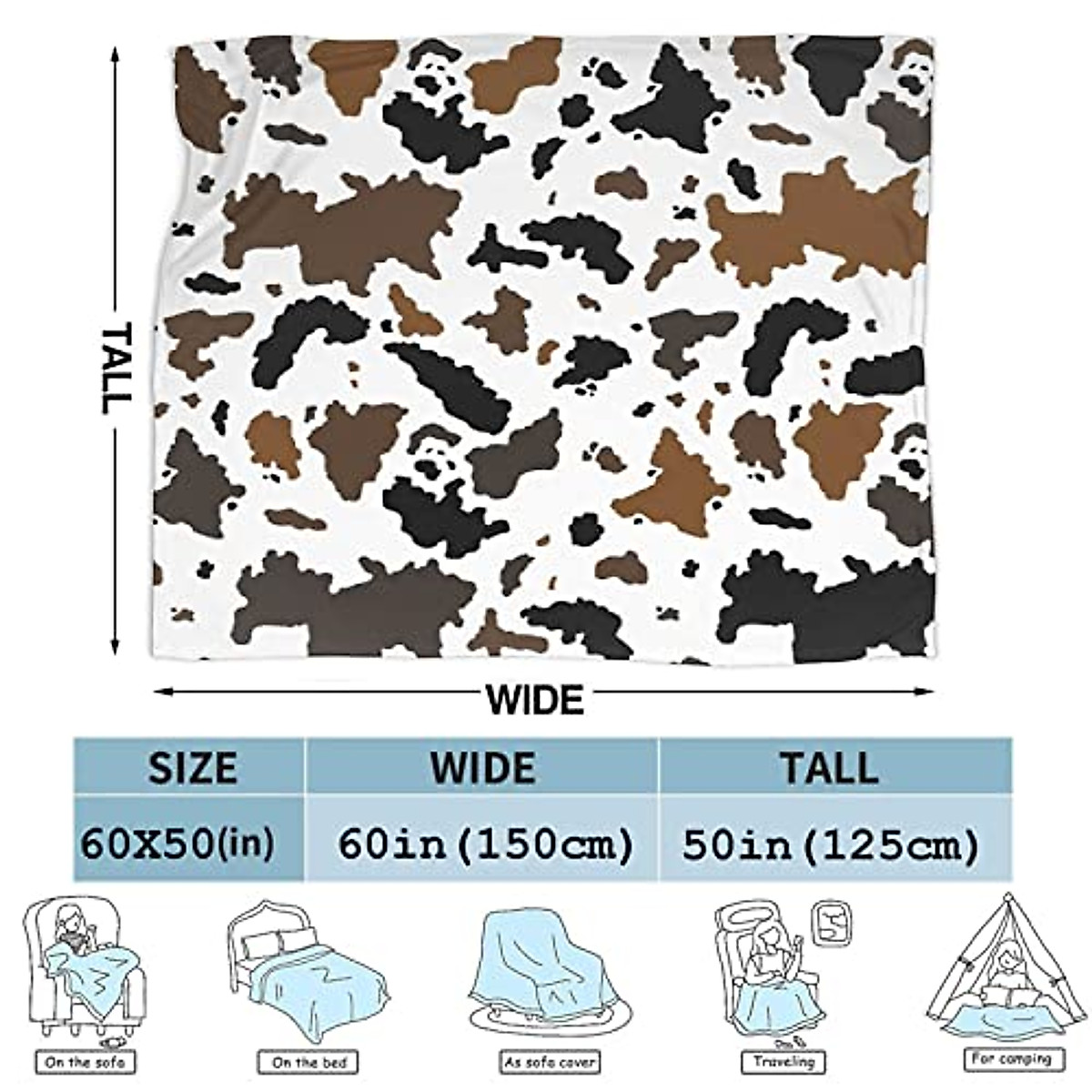 Artfuy Cow Print Blanket Microfiber Sherpa Fleece Throw Blanket Super Soft Lightweight Fuzzy Flannel Cozy Warm Plush Blankets for Couch Sofa Bed Office