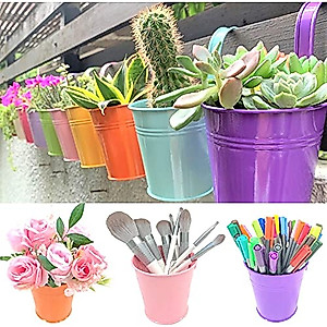 LaLaGreen Hanging Flower Pots - 10 Pack, 6 Inch Hanging Railing Planter, Wall Herb Garden, Balcony Fence Rail Outside, Outdoor Colorful Metal Plant Bucket Deck Patio Porch Decor Macetas Colgante