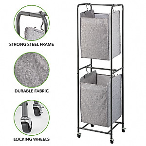 mDesign Vertical Stacked Laundry Hamper Basket with Wheels, Portable, 2 Removable Bags for Organizing Clothes, Laundry, Lights, Darks - Strong Metal Frame - Dark Gray