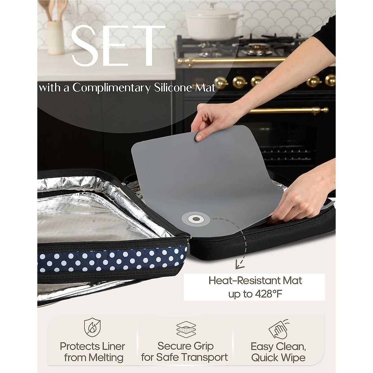 Premium Insulated Casserole Carrier with Heat-Resistant Mat for Hot or Cold Food – Fits 9”x13” or 11”x15” Baking Dishes, Lasagna Holder for Potlucks, Parties, Picnics, and Cookouts [Navy Polka Dot]