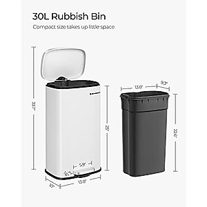 SONGMICS 8-Gallon Trash Can, Stainless Steel, with Hinged Lid, Plastic Inner Bucket, Soft Closure, Odor Proof, Hygienic, White