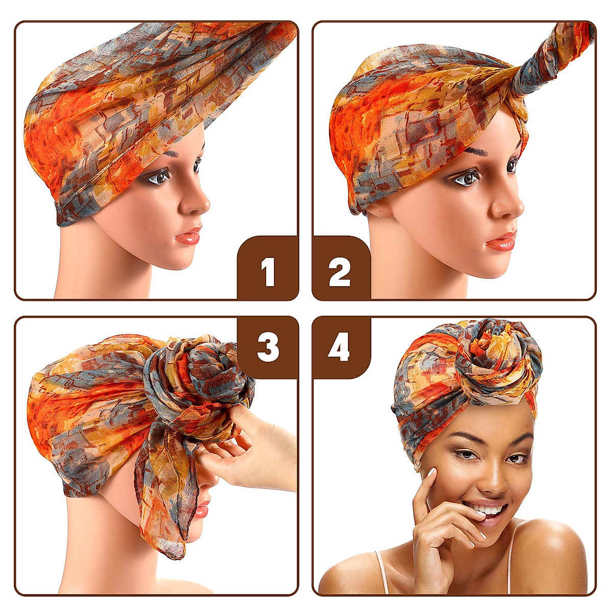 6 Pcs Women Turbans, African Pattern Head Wraps Scarves for Women, Headwear Turbans Long Hair Scarf Head wraps Tie Dye Hair Wrap Hair Bonnet for Sleeping Multicolored