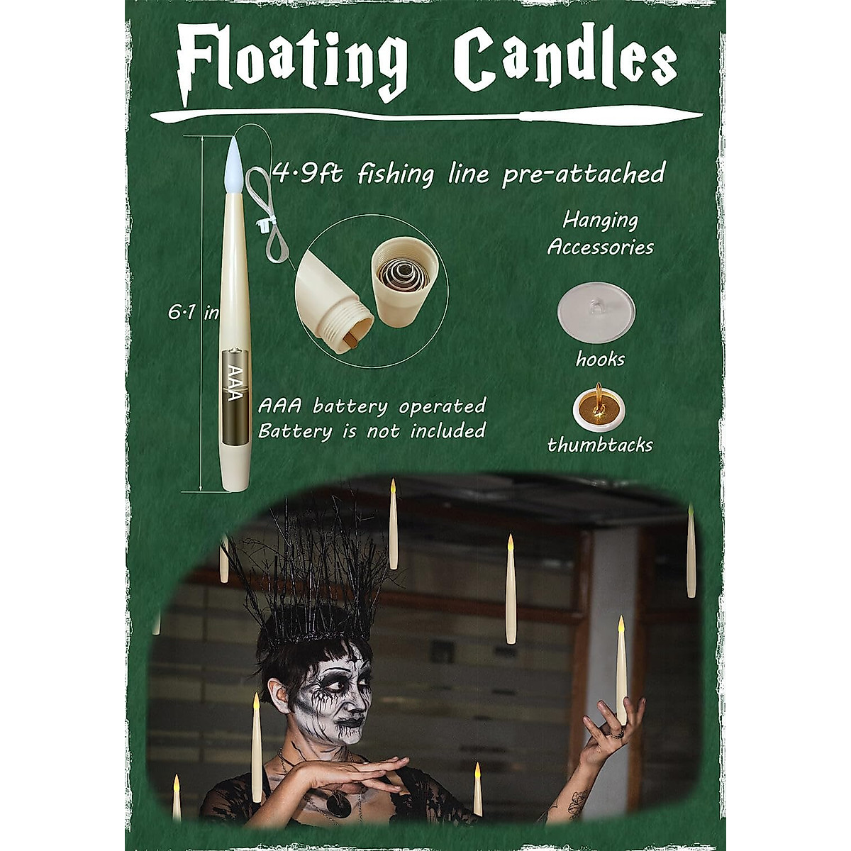 Leejec Floating Candles with Magic Wand Remote(6/18H Timer), 12pcs 6.1" Hanging Flameless Taper Candles, Battery Operated Flickering Warm Light, Halloween Christmas Wedding Party Decor & Gift(Ivory)