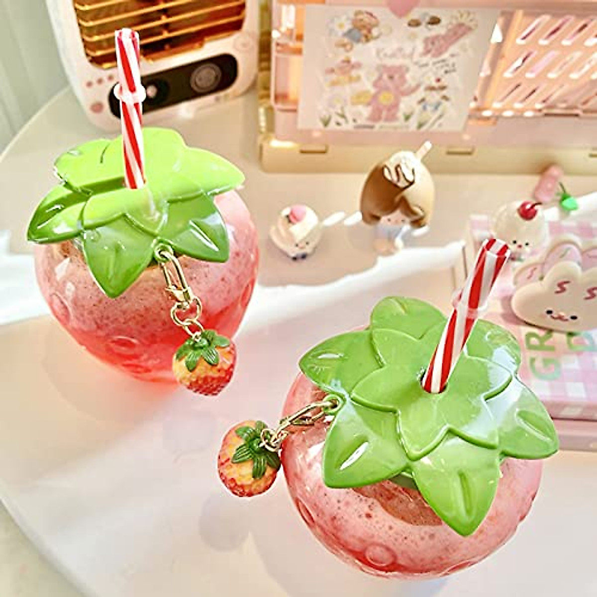Soaoun Sippy Cup Strawberry Shaped PP Portable Water Cup Lovely with Straw Pendant Strap Fruit Pattern Drinking Bottle Cute for Home Gift