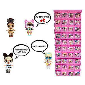 HOME4 LOL Toys Hanging Over The Door Storage Organizer Carrying Travel, 40 Clear View Pockets, Roll Up, for Small Dolls, Cars, Jewelry, Hair Accessories, Arts & Crafts, Bead, Sewing and More (Pink)