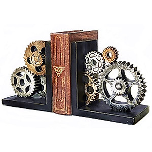 Bellaa 20881 Decorative Bookends Gear Book Shelves Stoppers Holder Nonskid Shelf Heavy Ends Supports Vintage Industrial Modern Art Home Decor Statues Sculptures 6 inch