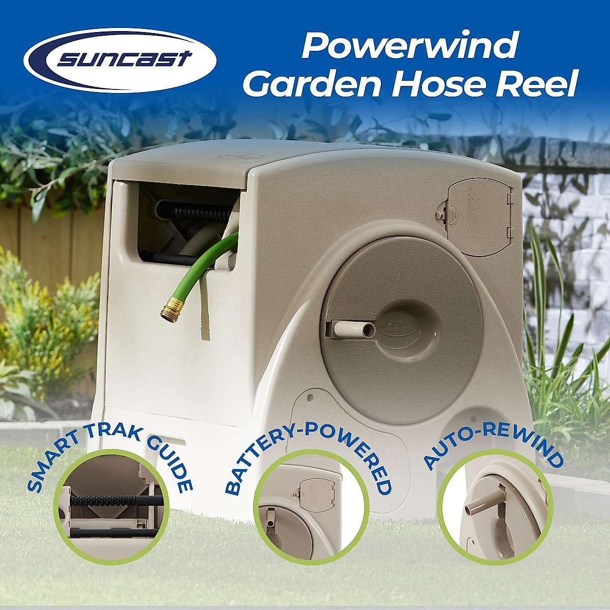 Suncast Automatic Rewind Garden Hose Reel, 100 ft. 5/8 in. Vinyl Hose Holder, Light Taupe