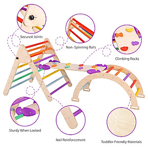 Agiyimi 4 in 1 Pikler Triangle Climber, Foldable Wooden Triangle Ladder Montessori Climbing Toys with Ramp Arch Climber Rocker Indoor Outdoor Gym Playground Climbing Toys for Toddlers(Multicolor)