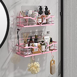 FLCITY Sweet Heart Shower Caddy with 4 Hooks, 2pcs No Drilling Self Adhesive Shower Organizer Shelf, Stainless Steel Bathroom Shower Shelf, Rustproof Shower Rack for Bathroom Kitchen Storage