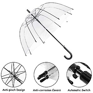 WASING 10 Pack 46 Inch Clear Bubble Umbrellas Wedding Style Large Canopy Transparent Stick Umbrellas Auto Open Windproof with Black European J Hook Handle Outdoor Umbrella for Adult