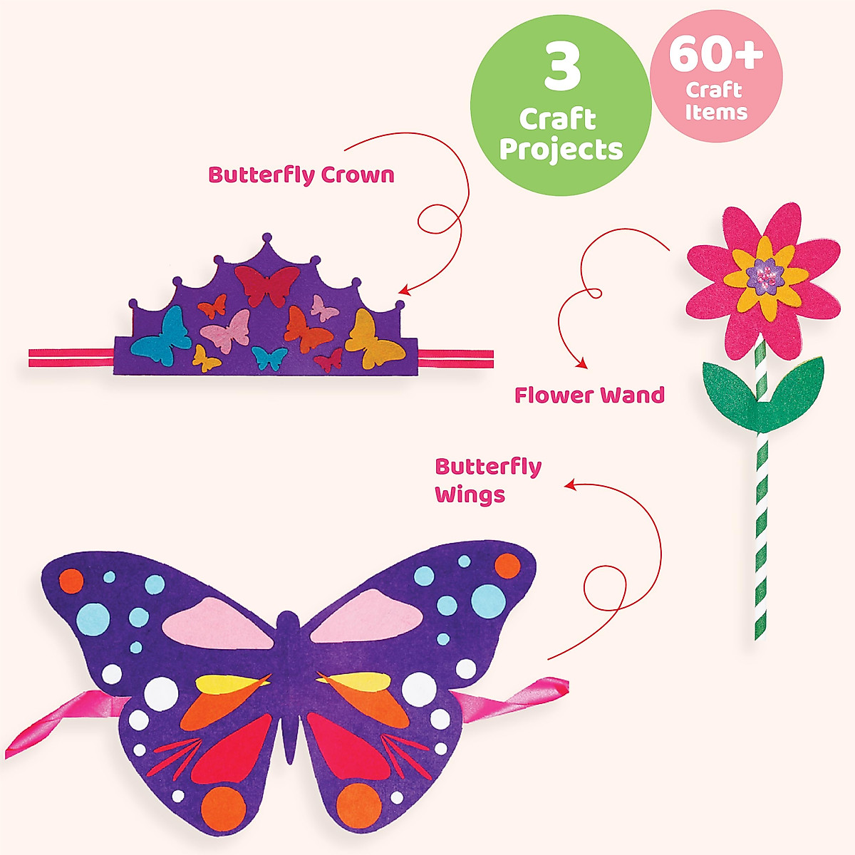 jackinthebox Butterflies Costume Craft kit for 3 to 5 Year olds, 3 Craft Projects, No Mess Art for Kids, Craft Kits & Supplies, DIY Creative Activity, Great Gifts for Girls Ages 3 4 5