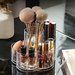 LINFIDITE 360 Rotating Makeup Organizer Spinning Cosmetic Display Cases with 5 Compartment Acrylic Clear Round Turntable Storage Tray Bathroom Counter Organizer Makeup Brush Lip Gloss Organizer Case