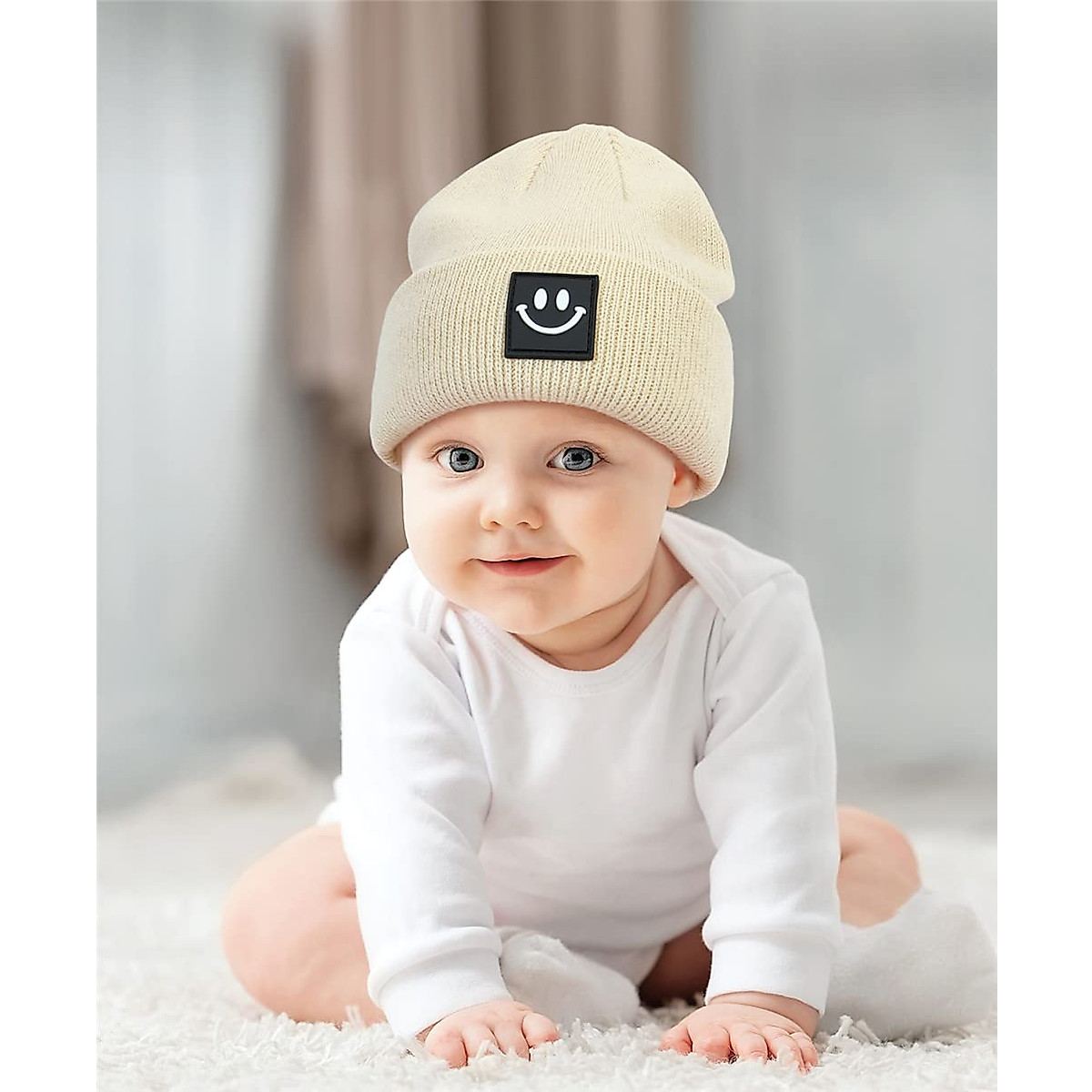 upeilxd Baby Winter Hat Soft Warm Knitted Beanie Hat with Cute Smile Face Beanie Cap for Boys Girls Black/Beige