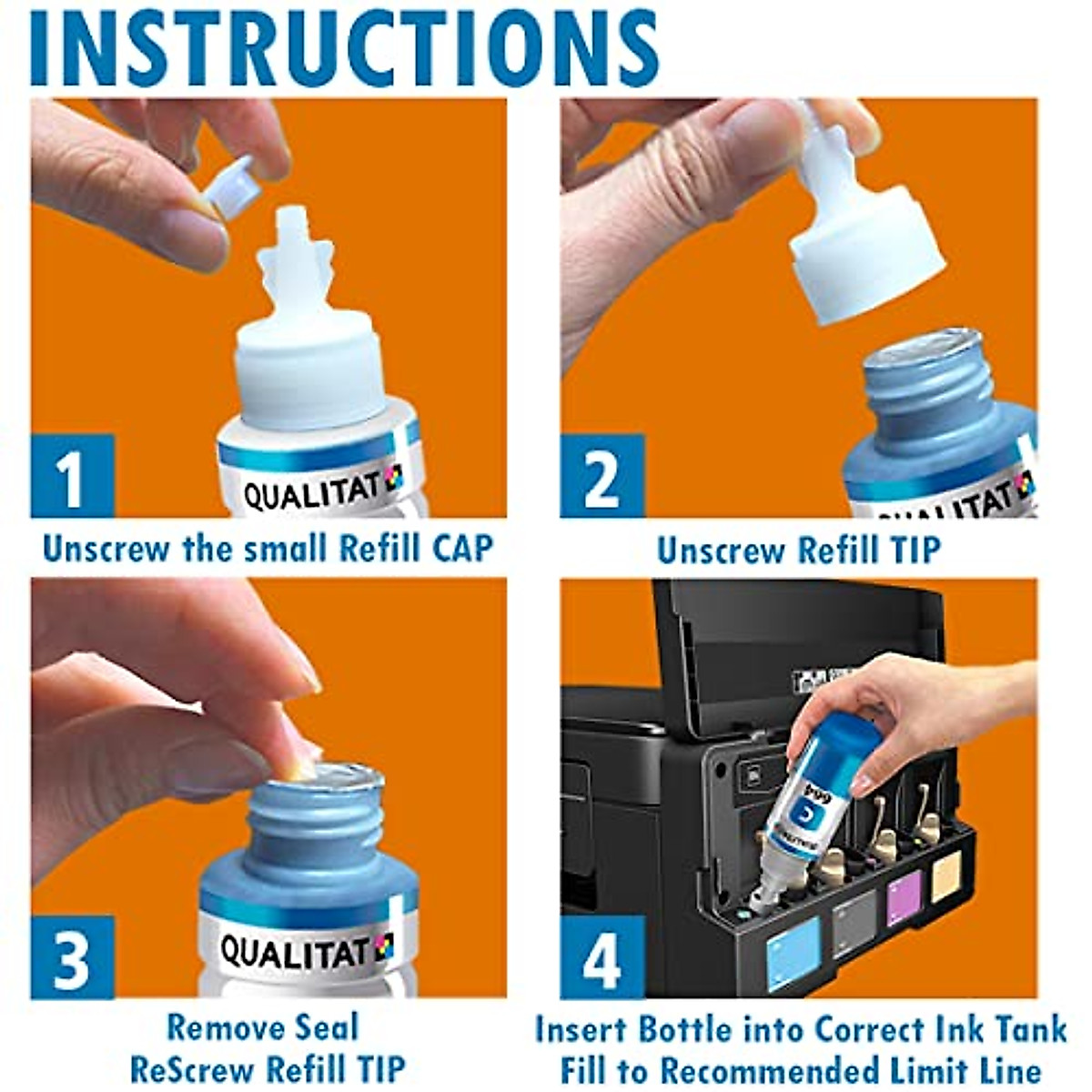 QUALITAT Epson 664 Ink Refill Bottles | All 4 Colors + 4 Gloves + Ink Storage Box | Epson 664 for L365 Ink, ET-2550, ET-2650, ET-2600, ET-2500 (Black, Cyan, Magenta, Yellow) | Tinta 664