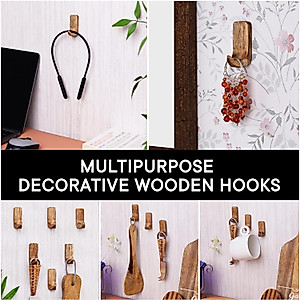 Indian Shelf 6 Pack No Damage Wood Wall Hooks- Small Adhesive Wall Hooks- Boho Key Decorative Wall Hooks for Hanging- Wood Hangers- Sticky Coat Hooks Wall Mount- Towel Hooks for Bathroom Wall Mounted