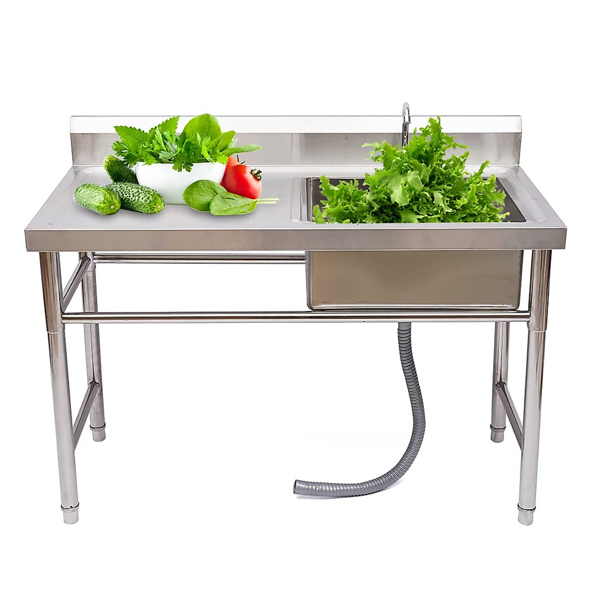 47" x 24" x 32" Free Standing Single Bowl Commercial Kitchen Sink Set, Stainless Steel Prep & Utility Restaurant Kitchen Sink w/Workbench/Faucet for Restaurant, Kitchen, Garage (US Stock)