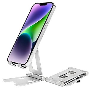 Desktop Cell Phone Stand for Up and Down Angle Height Adjustable Desk Sturdy Aluminum Metal Phone Holder for iPhone,MiniIpad, Mobile Phone, All Android Smartphone,Silver