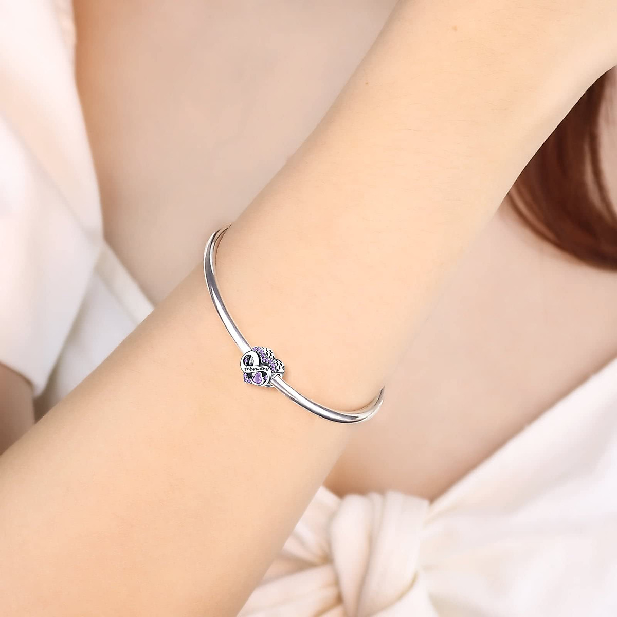 GOINEVA Birthstone Charms for Bracelet Necklace 925 Sterling Silver Love Heart Charms Happy Birthday Charms for Women Jewelry Gift（February）