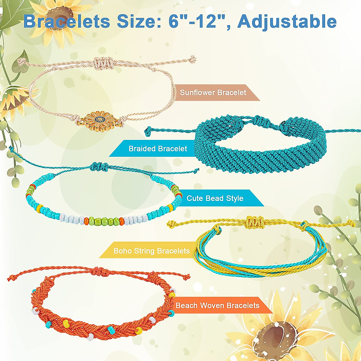 Braided Sunflower Boho String Woven Strand Bracelets Set for Women Adjustable Wrap Rope Charm Wave Jewelry Friendship Waterproof Gift Sunflower