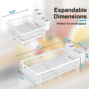 YKLSLH Expandable Dish Drying Rack Dish Racks for Kitchen Counter, Space Saving Dish Rack,Durable Kitchen Drying Rack with Drainboard, Glass Holder, Utensil Holder - White