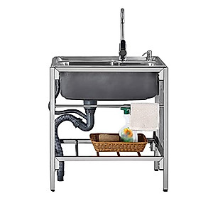 Stainless Steel Sink, 68 * 44cm Kitchen Home Sink, All-in-One Standing Utility Small Wash Basin 1 Compartment Hygienic Robust Sink for Outdoor Indoor Garage Kitchen Laundry