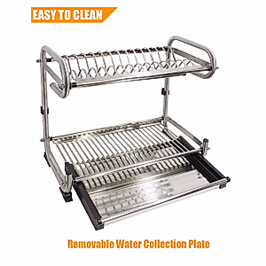 Kitchen Hardware Collection 2 Tier Dish Drying Rack Stainless Steel Wall Mounted Or Stand On Countertop Draining Rack 23.2 Inch Length 20 Dish Slots Organizer with Drainboard for Cup Plate Bowl