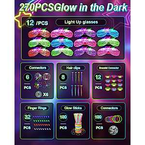 270 PCS Glow In The Dark Party Supplies for Kids Adults, 100 Glow Sticks Bulk Party Pack Light Up Party Favors, 12 LED Glasses, 32 Finger Lights, 8 LED Hair Clips for Wedding Birthday Halloween