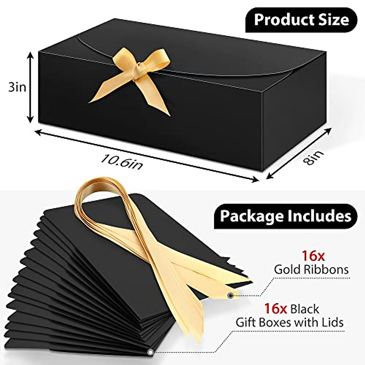 SWANGSA 16 Set Gift Boxes with Lids, 10.6''x8''x3'' Black Kraft Paper Gift Boxes For Presents, Bridesmaid Proposal Box with Ribbon and 70pcs Adhesive Dots,for Wedding, Packaging, Present, Birthday, Cupcake Boxes