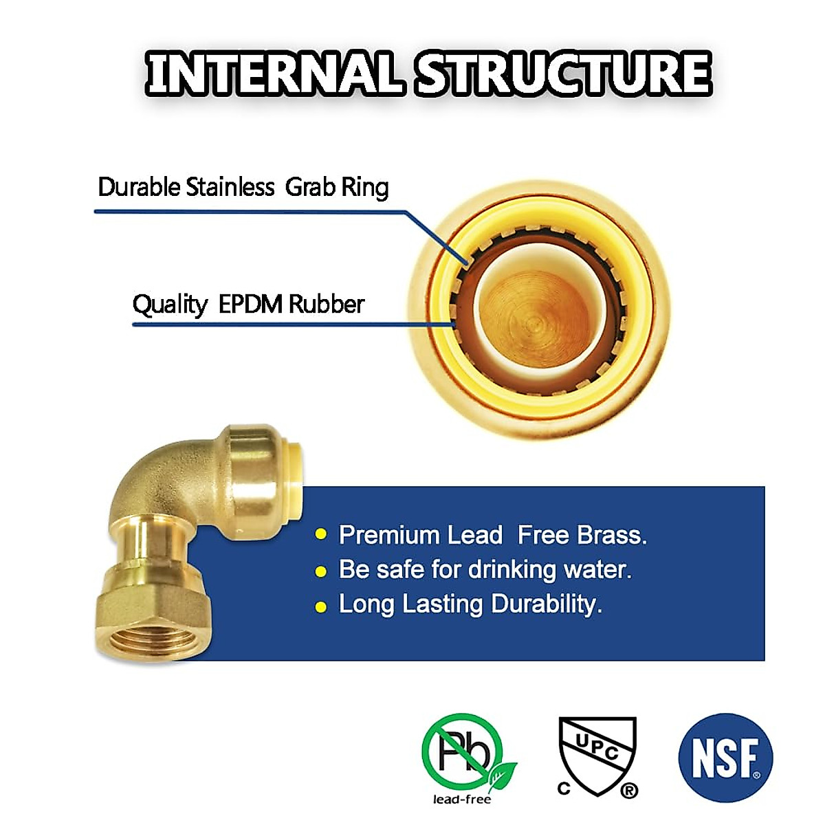 HQMPC Push Elbow Coupling with Union 1/2"X1/2" 2Pcs No Lead Push-to-Connect Plumbing Fittings Brass Pipe Connector Fittings for Copper PEX CPVC
