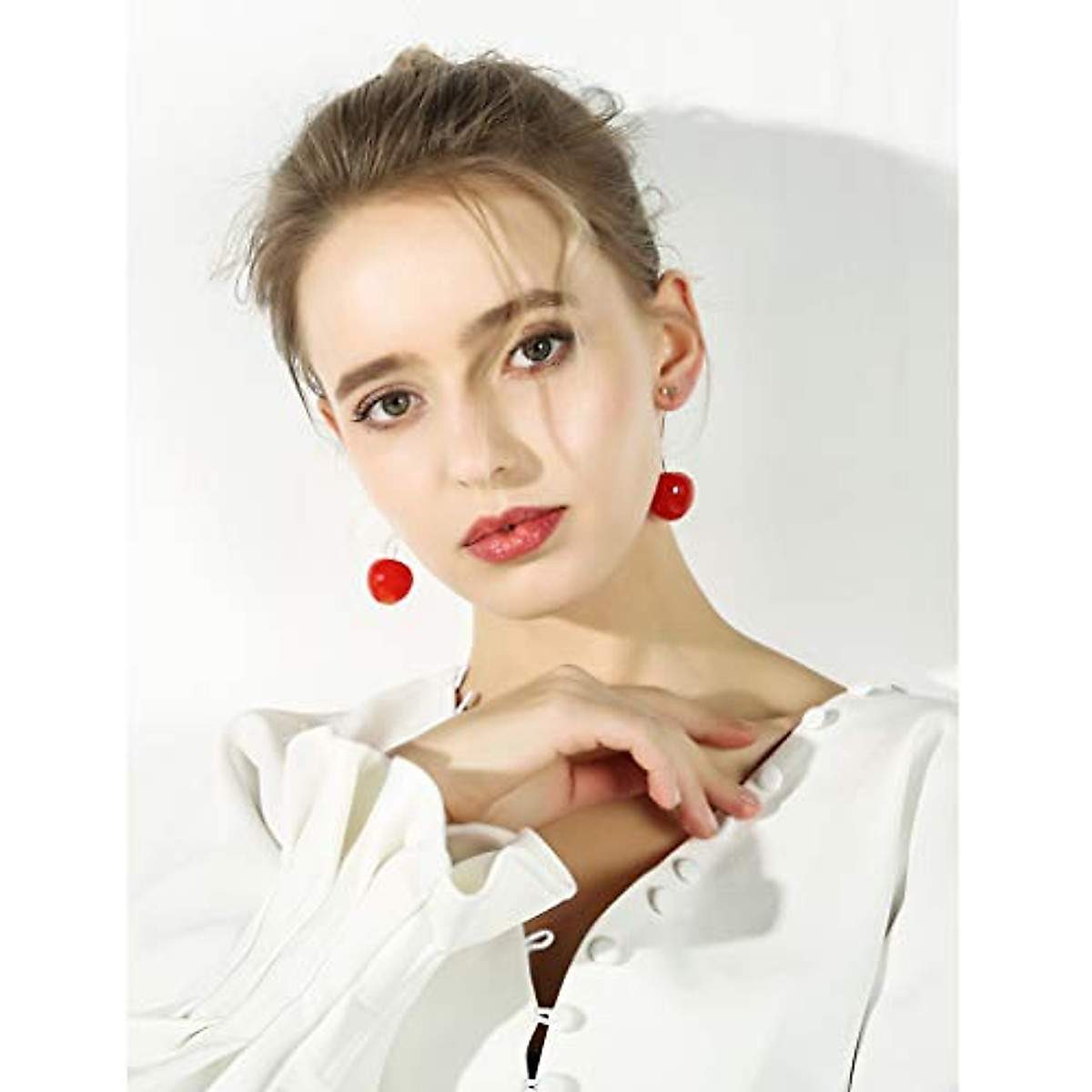 4 Pairs 3D Lifelike Red Cherry Dangle Drop Earrings Creative Assorted Cute Fruits Earring Charm Sweet Jewelry Set for Women (Red+WineRed)