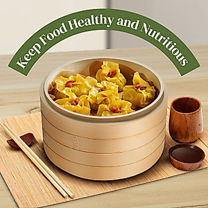 Flexzion Bamboo Steamer Basket Set (10 inch), 50 x Steamer Liners and 2 Pairs of Chopsticks, Steam Baskets for DimSum Dumplings, Rice, Vegetables, Fish and Meat