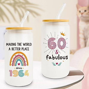 60th Birthday Gifts for Women, 60 Fabulous Gifts, Gifts for 60 Year Old Woman, 1964 Birthday Gifts, 60th Birthday Ideas, Gifts for 60 Year Old Mom, Sister, 60th Birthday Decorations - 16oz Glass Cup
