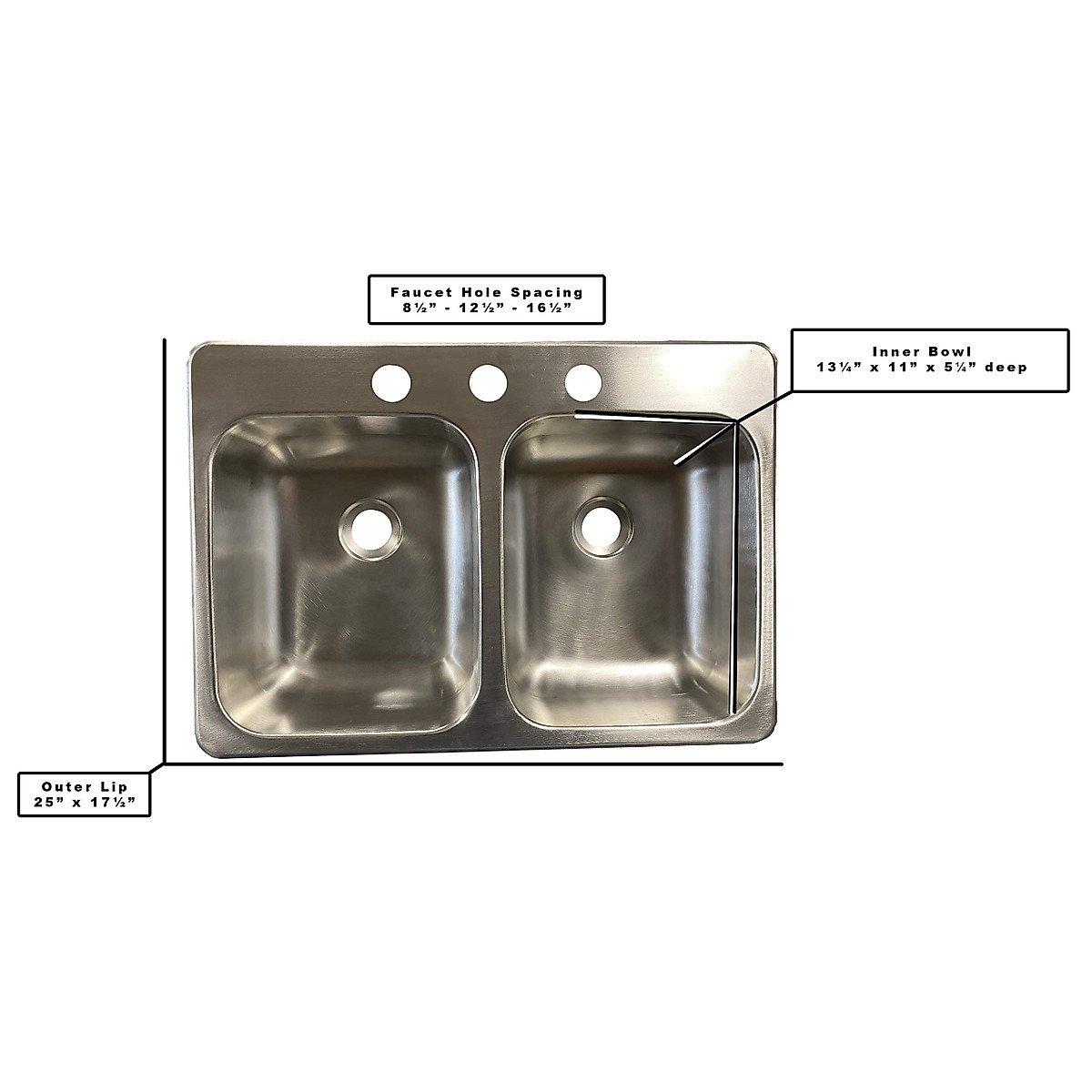 Class A Customs | 25" X 17" X 5" Stainless Steel Double Bowl Sink | 300 Series Stainless Steel | RV Camper Motor Home Sink | Concession Sink