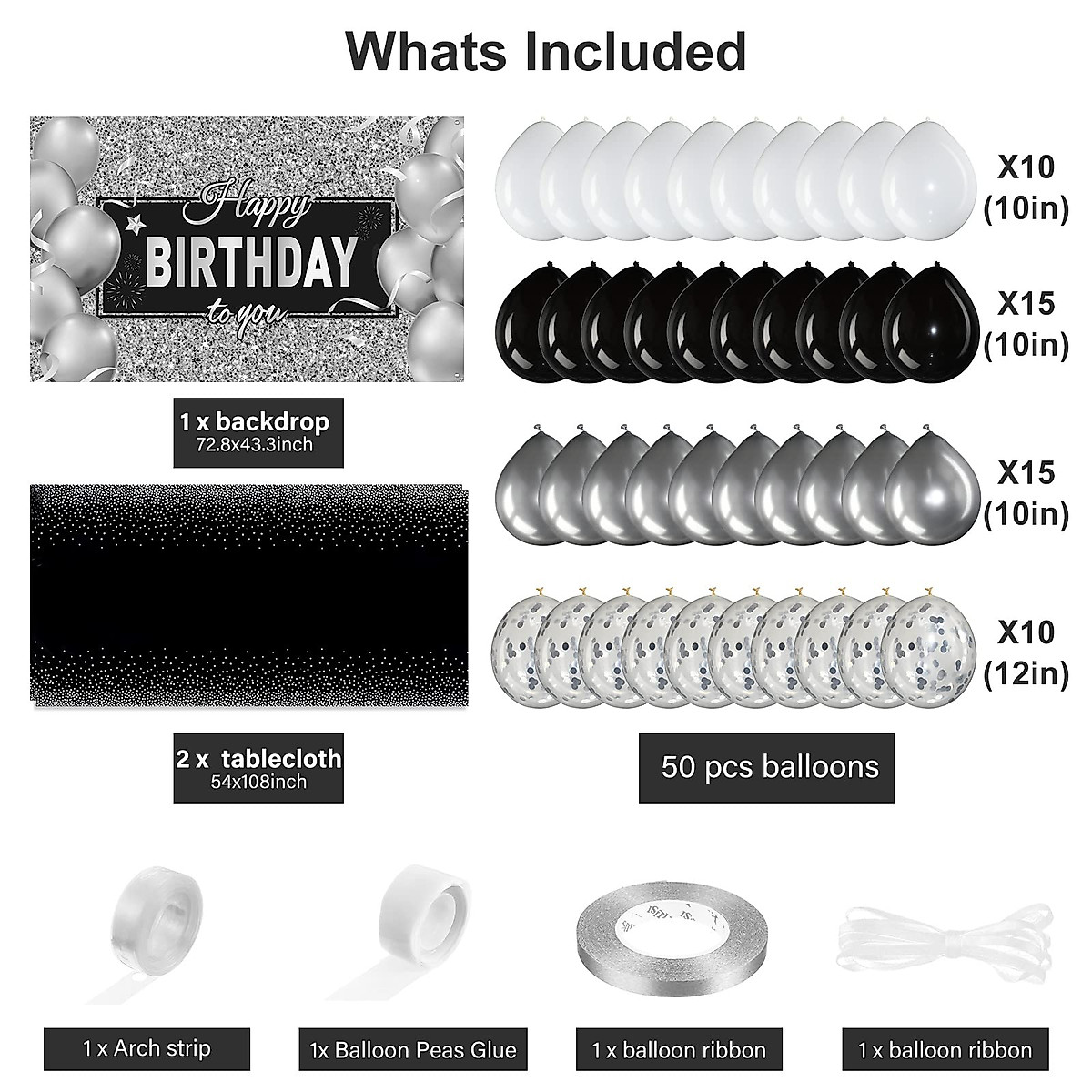 Birthday Party Decorations Confetti Balloons Kit Happy Birthday Photography Backdrop Banner Tablecloths for Boys Girls Men Women Birthday Party Supplies Decor (Black and Silver)